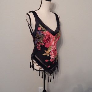 Cache | Tops | Cache Silky Rose Top W Tassels Beading | Poshmark